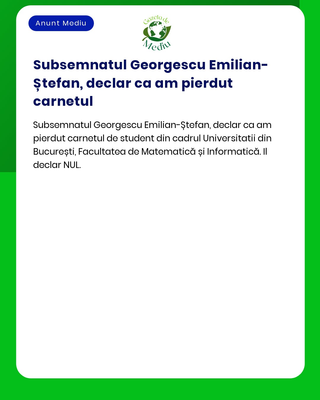 Declaratie pierdere carnet student Universitatea Bucuresti